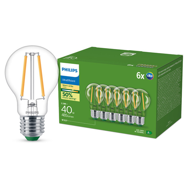 Philips LED lamp E27 | Peer A60 | Ultra Efficient | Filament | 2700K | 2.3W (40W) 6 stuks ...